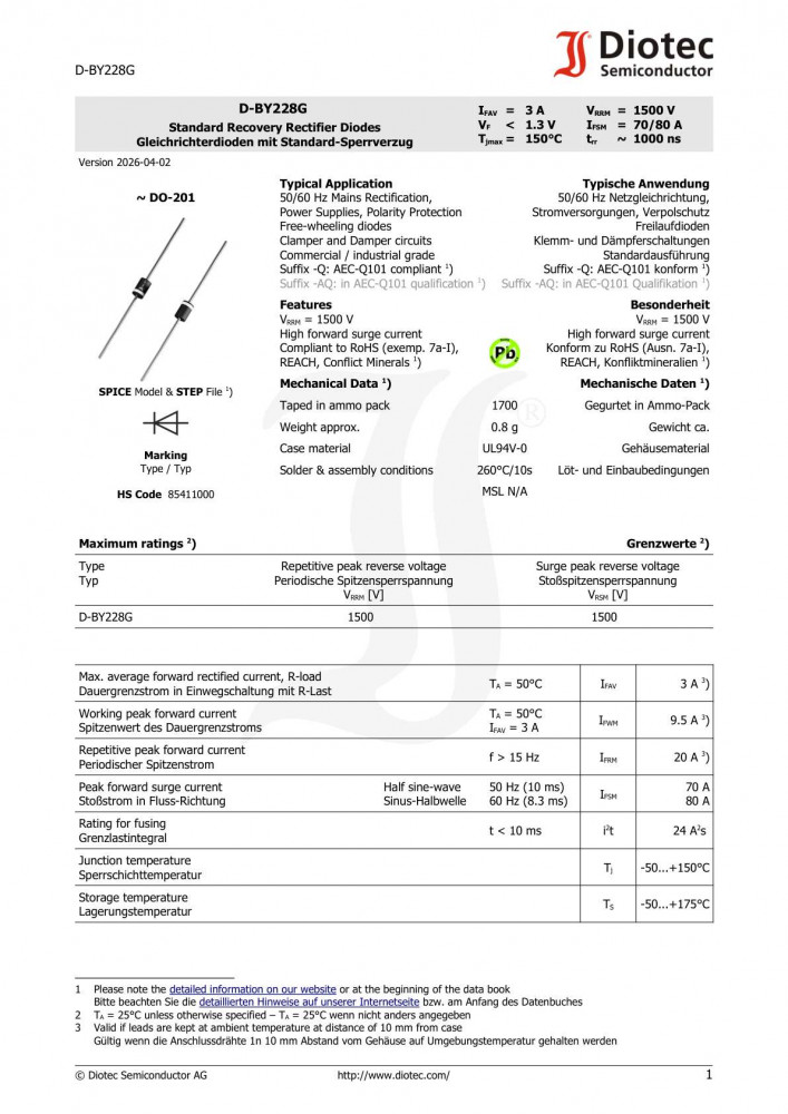 DIOTEC BY228G datasheet preview, page 1