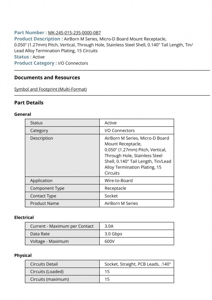 Technical document page 1 for MK-245-015-235-0000-0B7