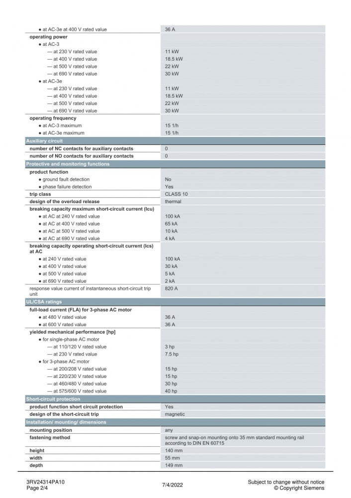SIEMENS 3RV24314PA10 technical document page 2