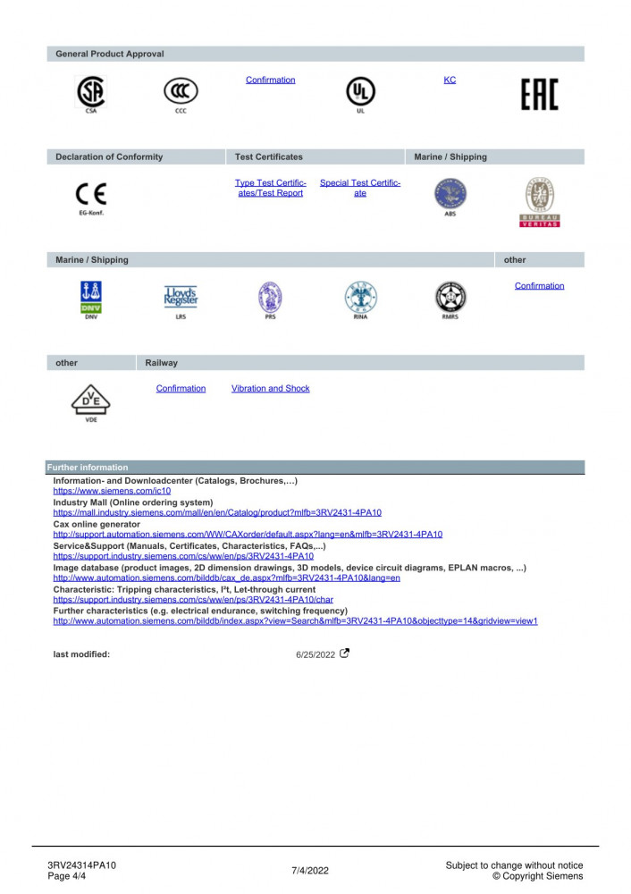 SIEMENS 3RV24314PA10 technical document page 4