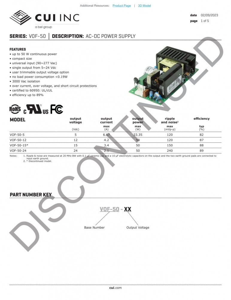 CUI VOF-50-12 datasheet page 1