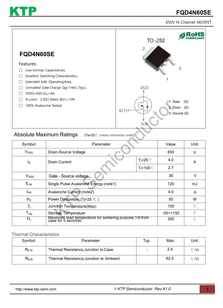 FQD4N60SE datasheet page 1