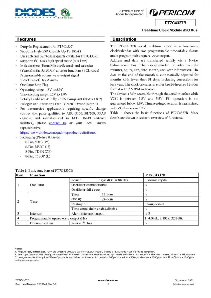 PT7C4337BLEX datasheet page 1
