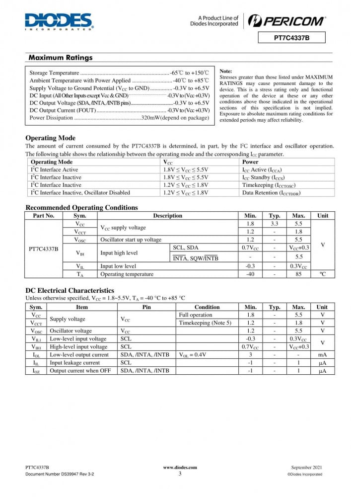 PT7C4337BLEX datasheet page 3