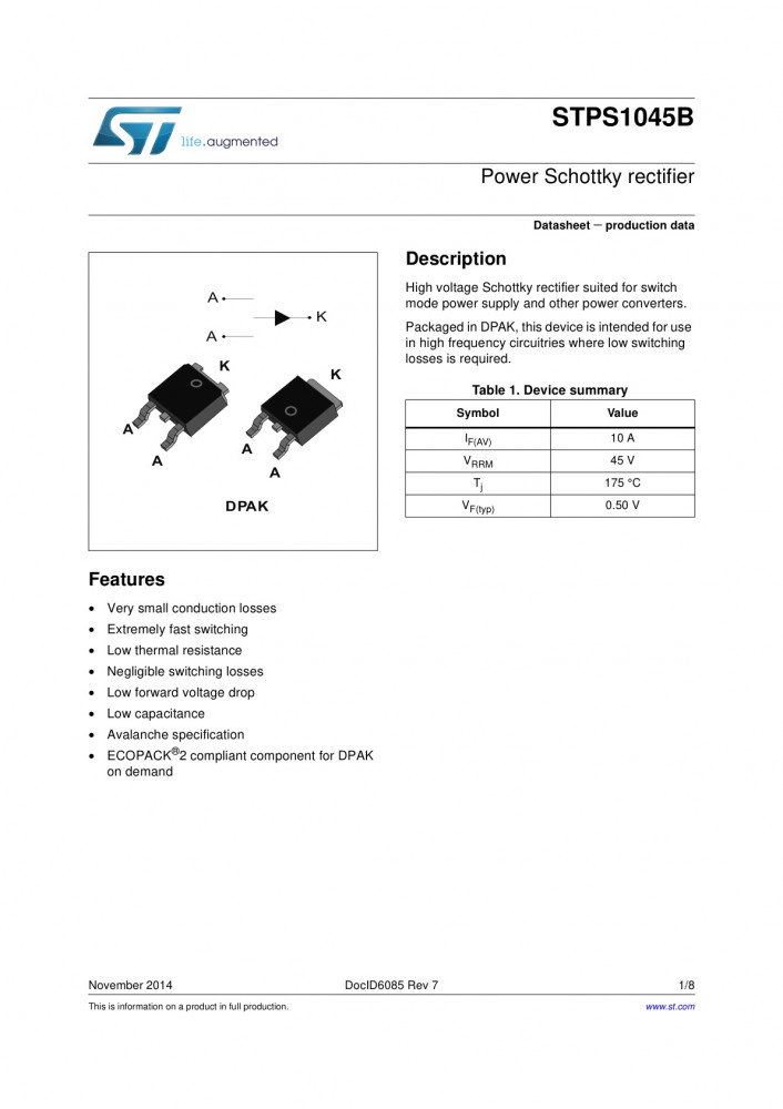 STPS1045B datasheet page 1