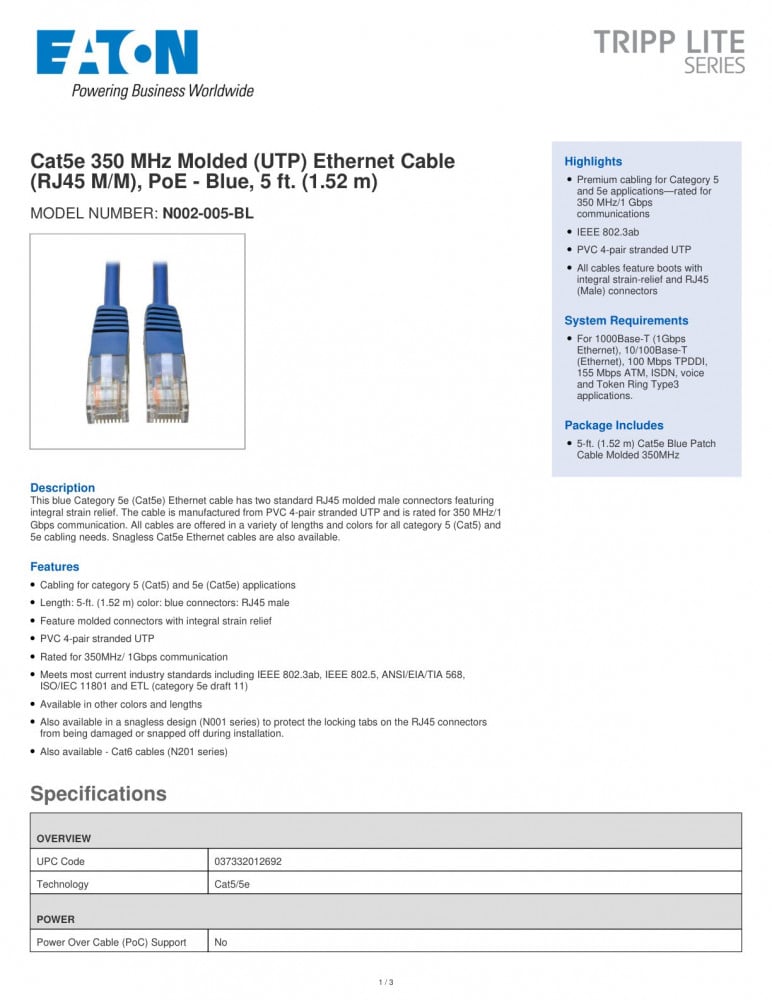EATON N002-005-BL technical document page 1