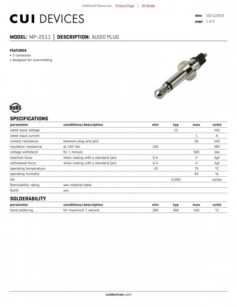 CUI MP-2511 technical document page 1