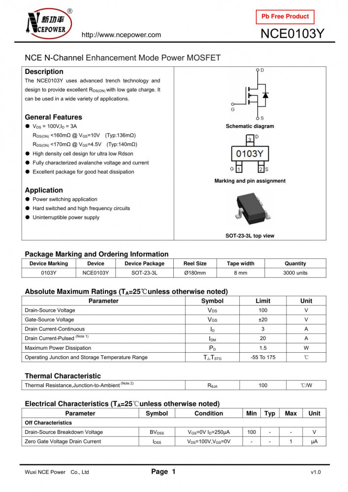 NCE0103Y datasheet page 1