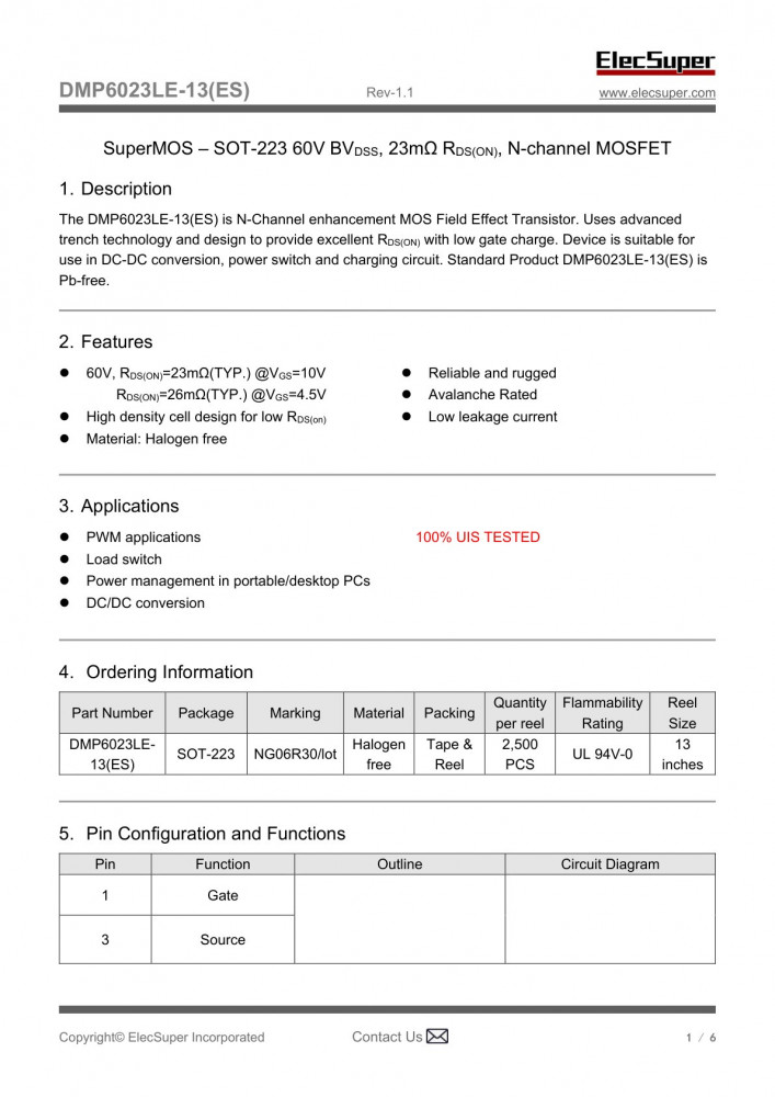 DMP6023LE-13(ES) datasheet page 1
