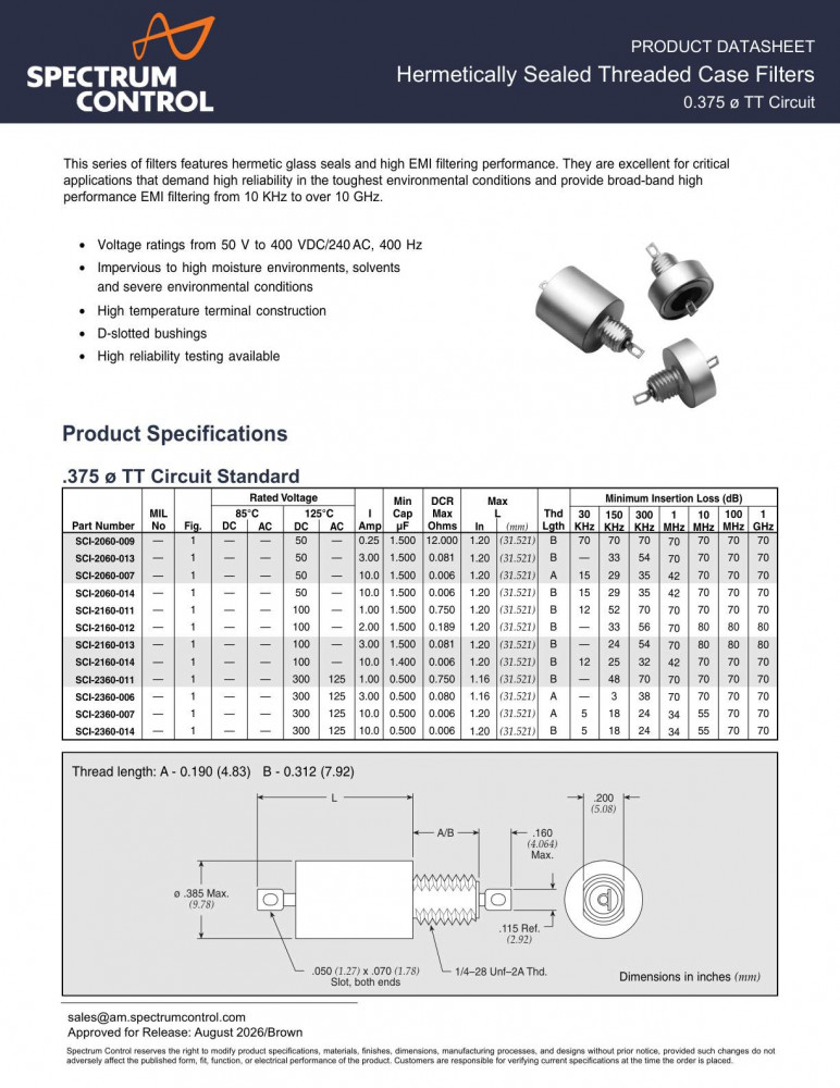 Spectrum Control hermetic EMI filter series technical document