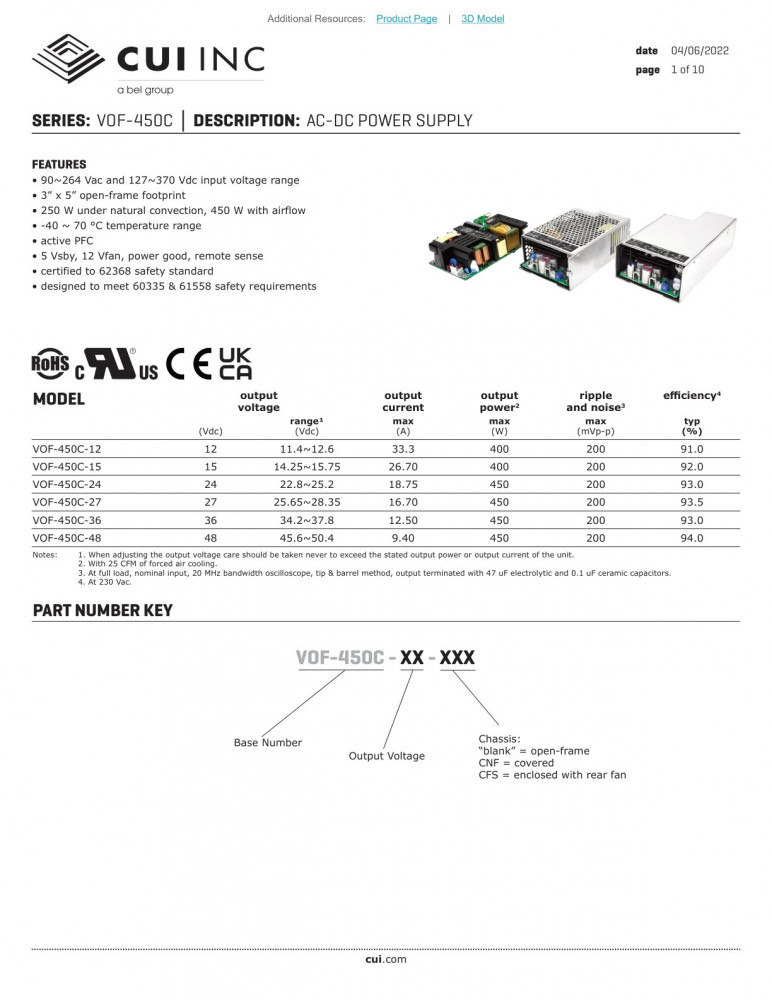 CUI VOF-450C datasheet page 1