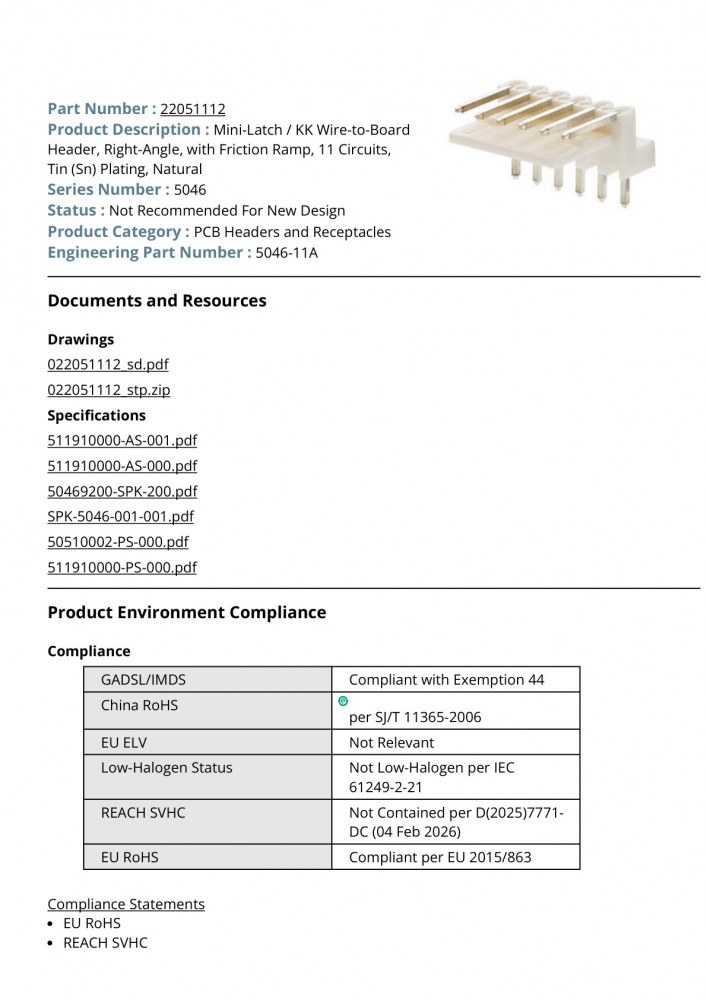 MOLEX 22051112 technical document page 1