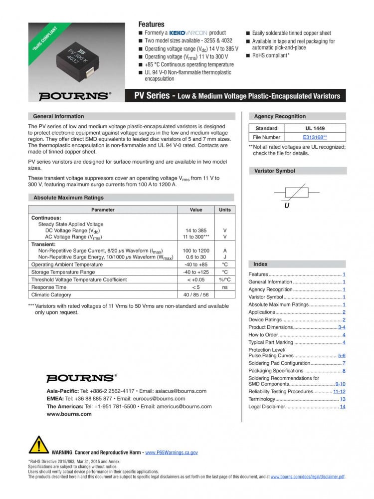 BOURNS PV Series datasheet page 1