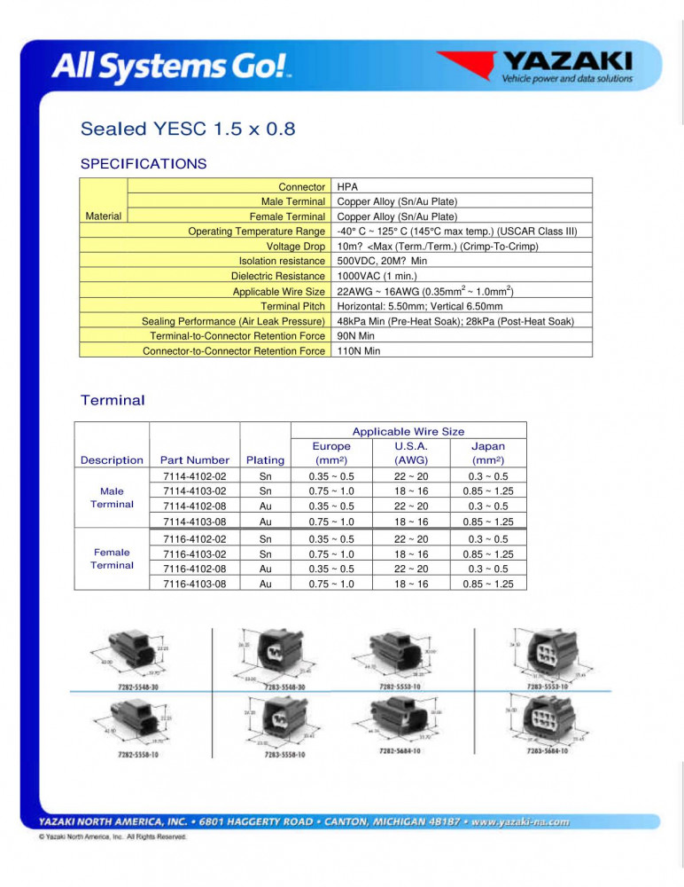 YAZAKI Sealed YESC 1.5 x 0.8 technical document page 1