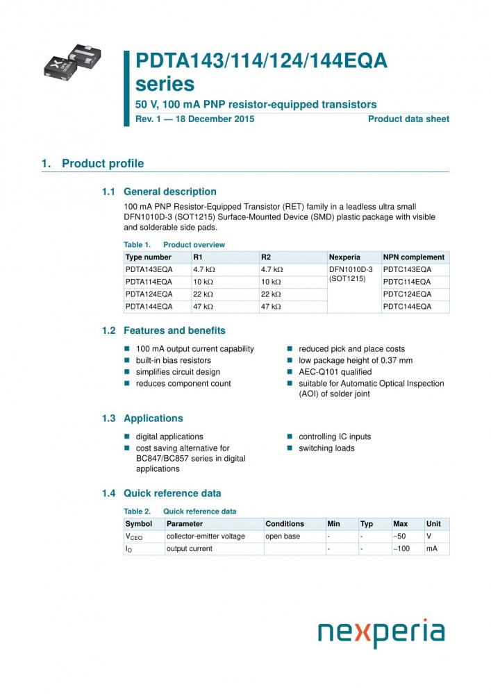 PDTA143EQAZ datasheet page 1