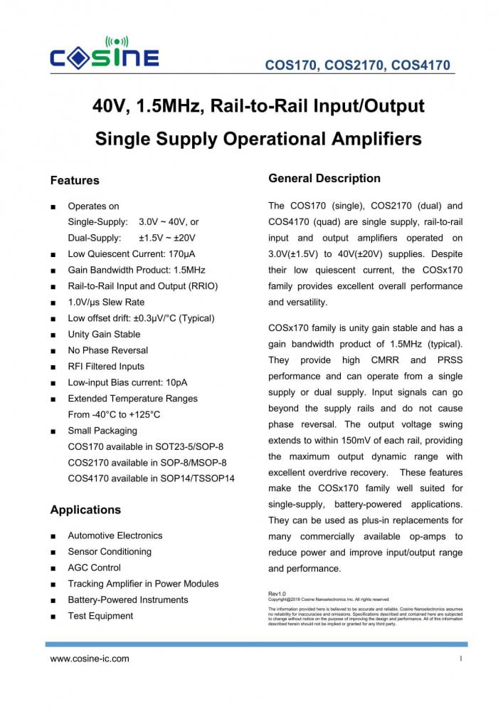 COS2170SRA datasheet page 1
