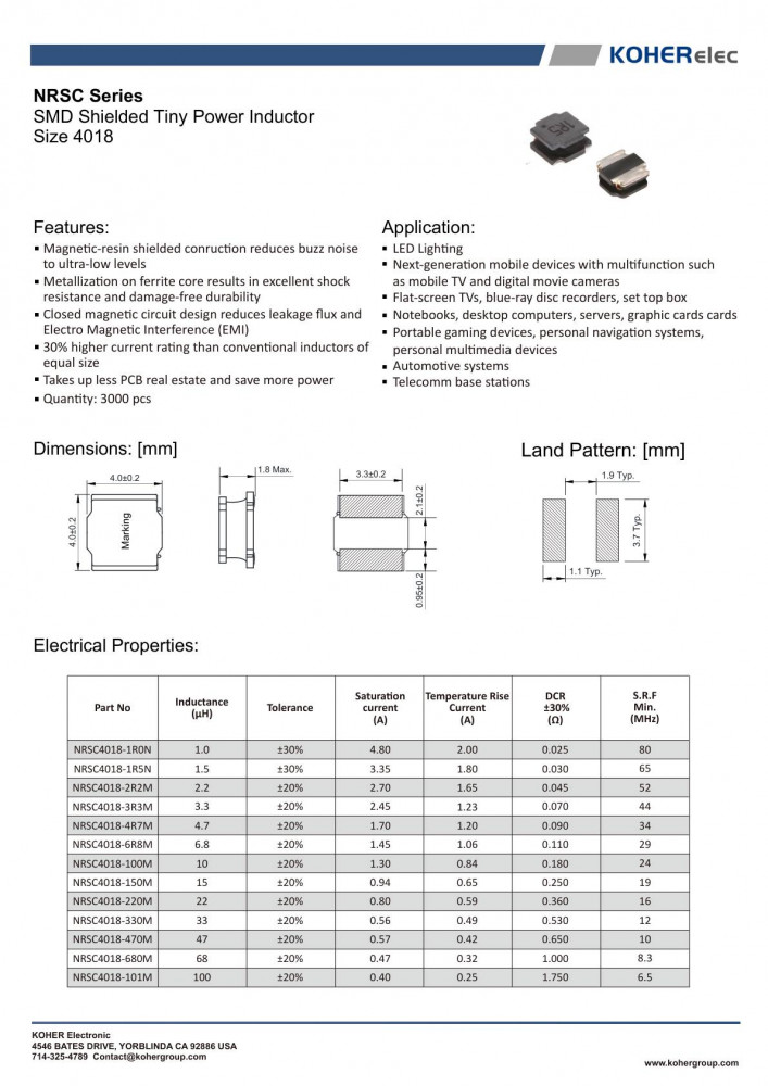 KOHERelec NRSC4018 series datasheet page 1