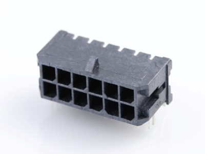Micro-Fit 3.0 Right-Angle Header, 3.00mm Pitch, Dual Row, 12 Circuits, with PCB Press-fit Metal Retention Clip, 0.76µm Gold Plating, Glow-Wire Capable, Black,  Tape and Reel for sale