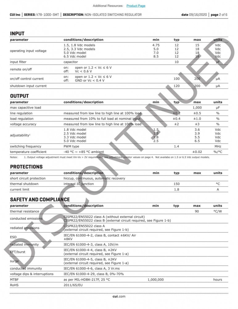CUI V78-1000-SMT datasheet page 2