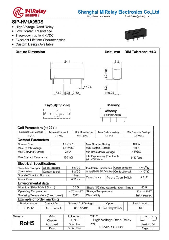 MiRelay SIP-HV1A05DS datasheet page
