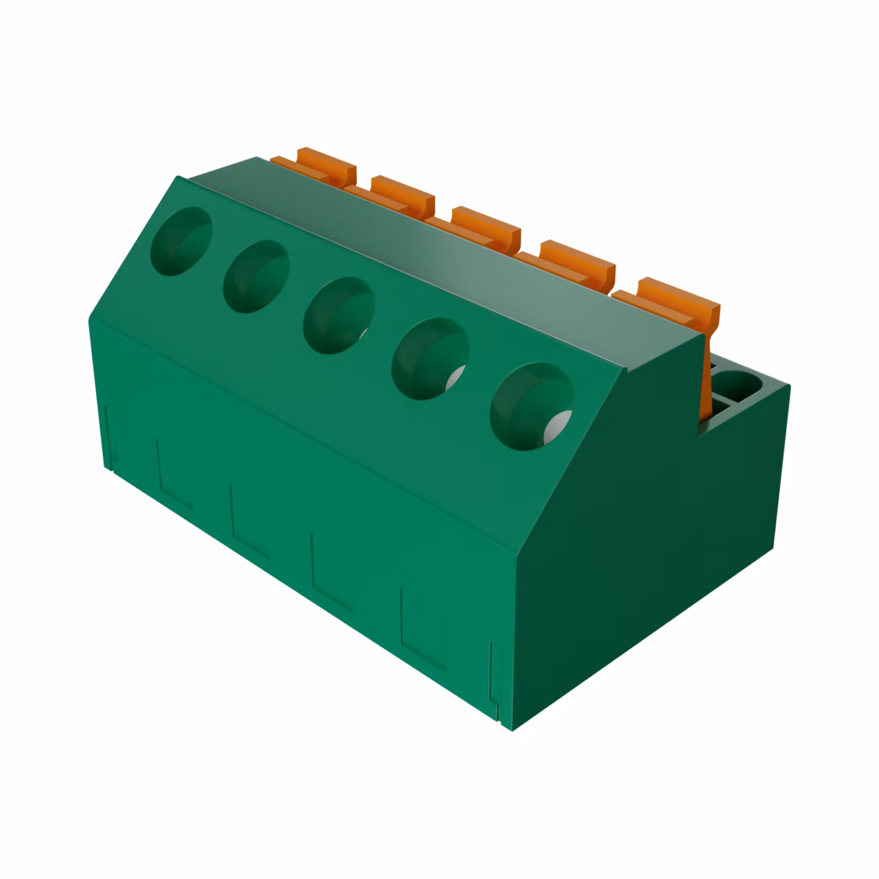 5.08mm Pitch, Eurostyle Fixed-Mount Push-Button Terminal Block, 45° Standard, 8A, 22-16 AWG, Green, 5 Circuits for sale