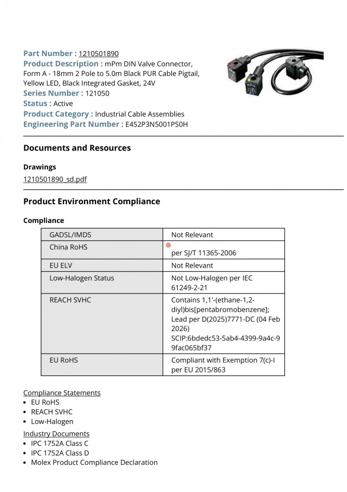 MOLEX 1210501890 product drawing, page 1