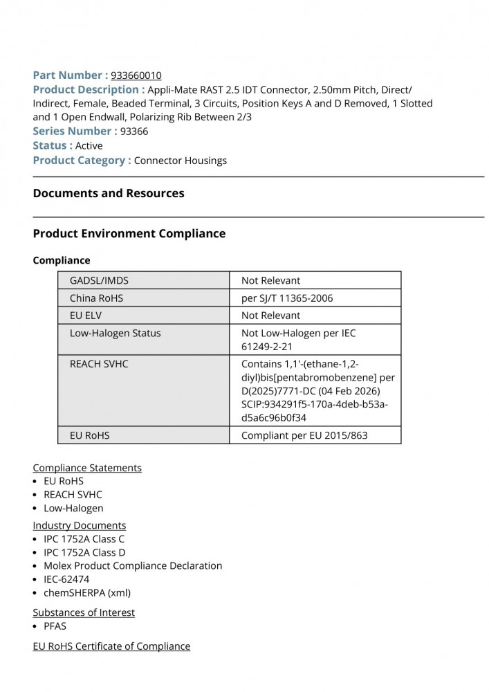 Technical document page 1 for Molex 933660010