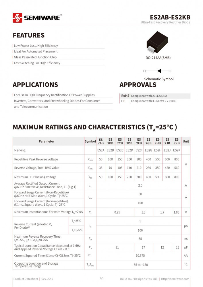 SEMIWARE ES2BB datasheet page 1