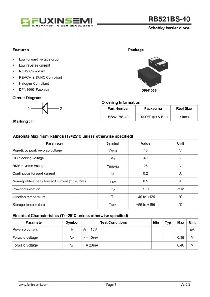 RB521BS-40 datasheet page 1