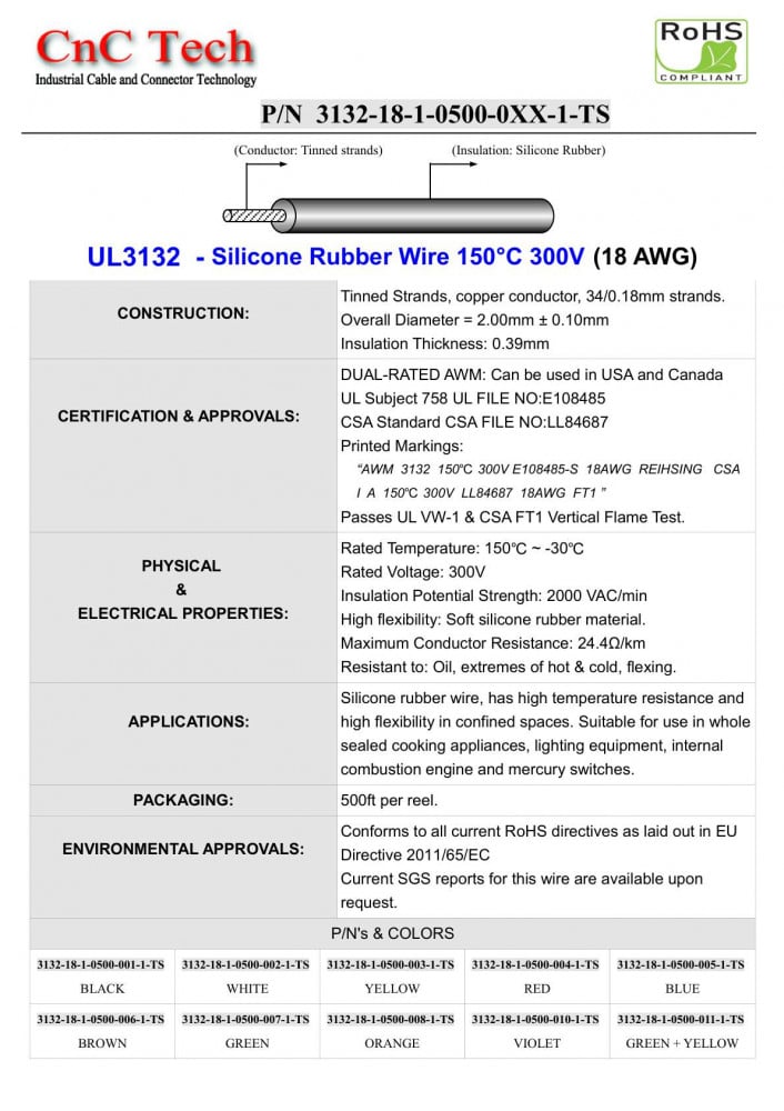 CNC Tech UL3132 silicone rubber wire technical document
