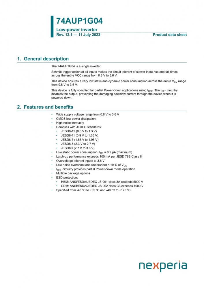 74AUP1G04 datasheet page 1