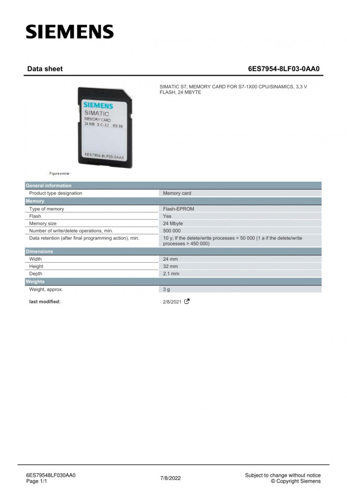Technical document image for the 24 Mbyte SIMATIC memory card