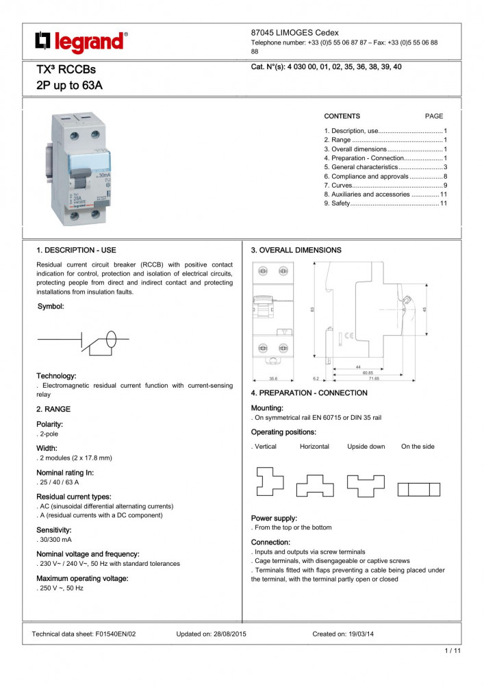 Legrand TX³ RCCB technical documentation page 1