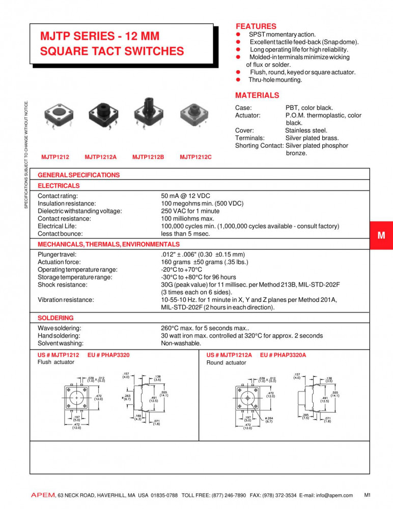 APEM MJTP series technical document page 1