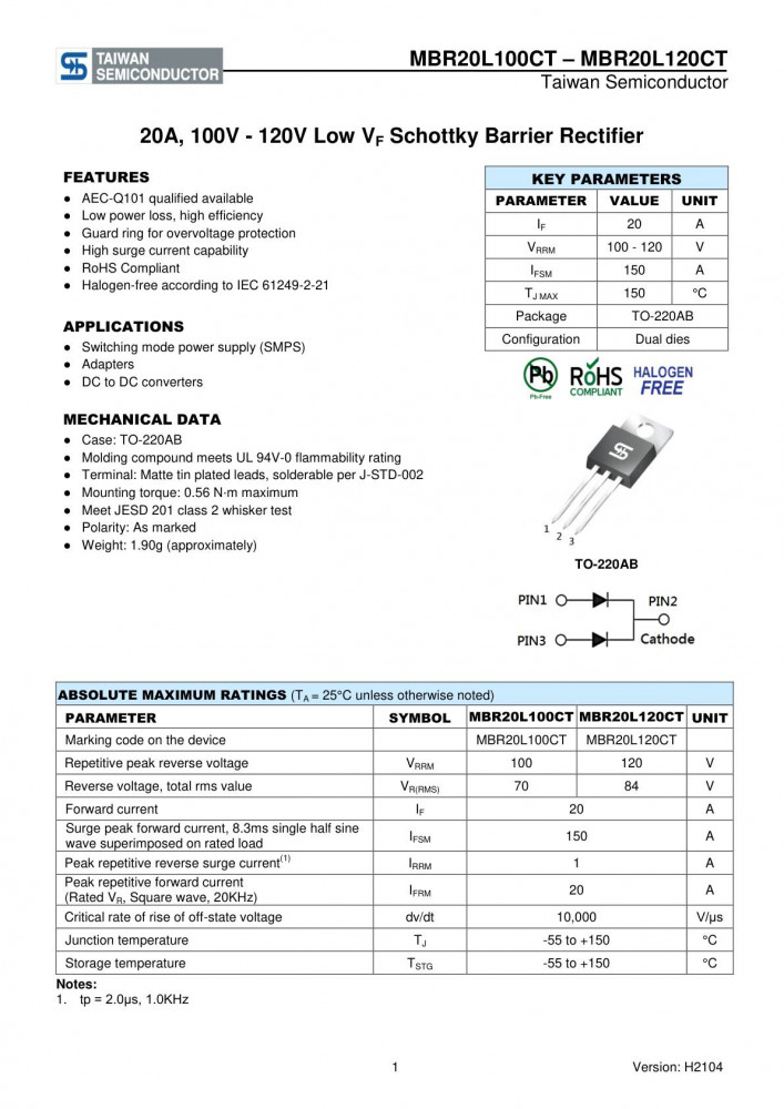 MBR20L100CT datasheet page 1