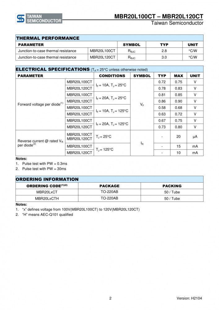 MBR20L100CT datasheet page 2
