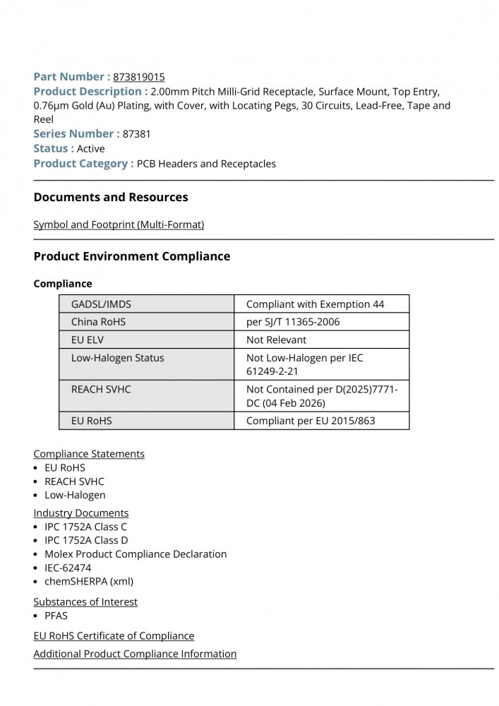 Product document image 1 for MOLEX 873819015
