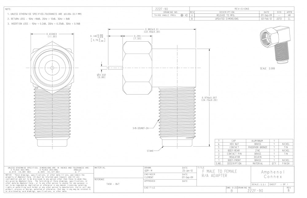 Amphenol 222F-90 engineering drawing page