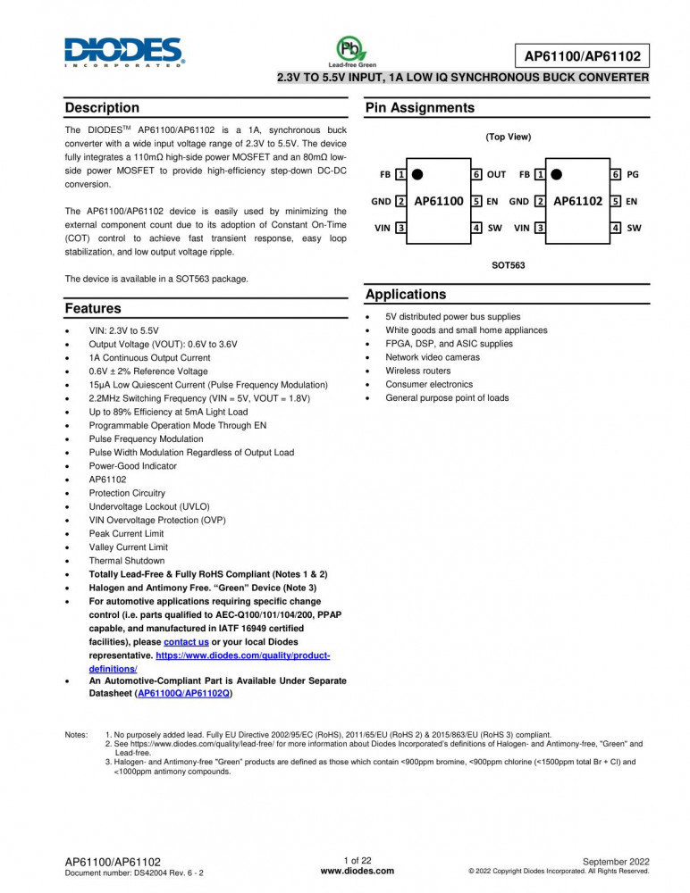 AP61100Z6-7 datasheet page 1