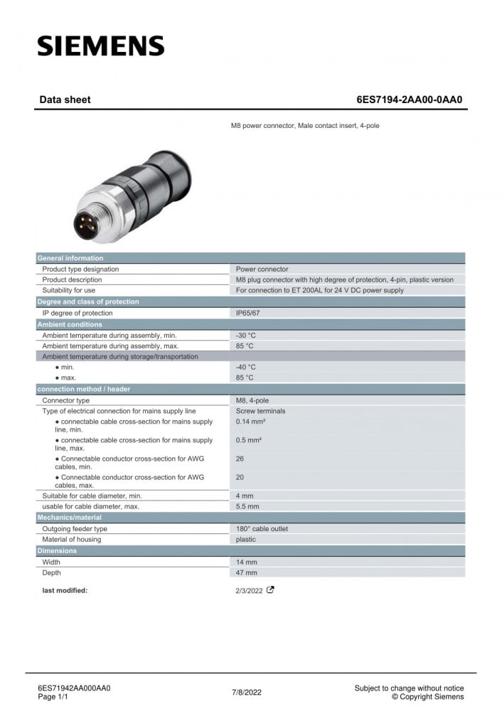 SIEMENS 6ES71942AA000AA0 product data sheet
