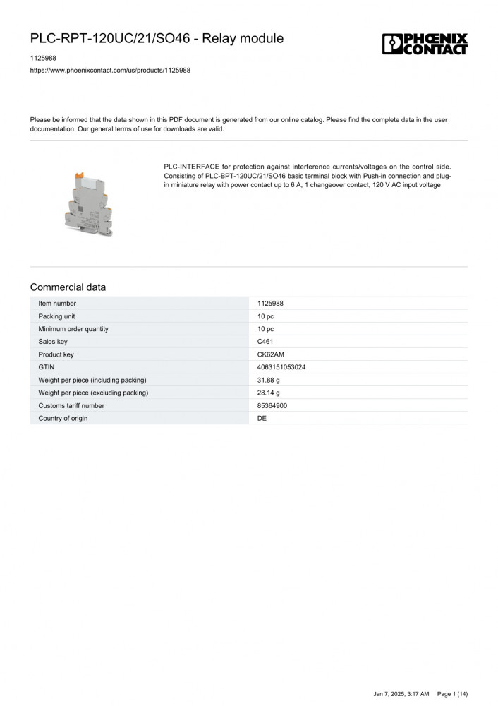 Phoenix Contact 1125988 document page 1