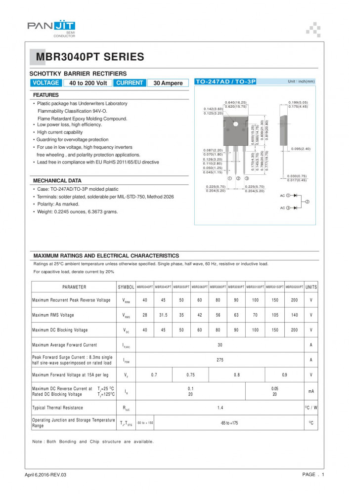 PANJIT MBR3040PT series datasheet page 1