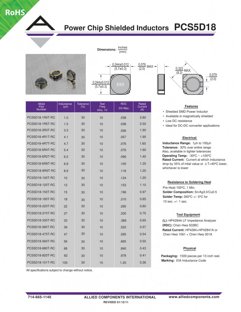 PCS5D18 series product datasheet page