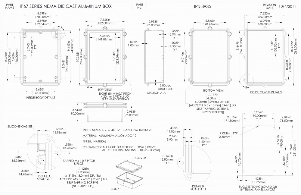 IPS-3935 enclosure technical drawing showing internal body and cover details, top and bottom views, mounting features, materials, finish and stated ratings