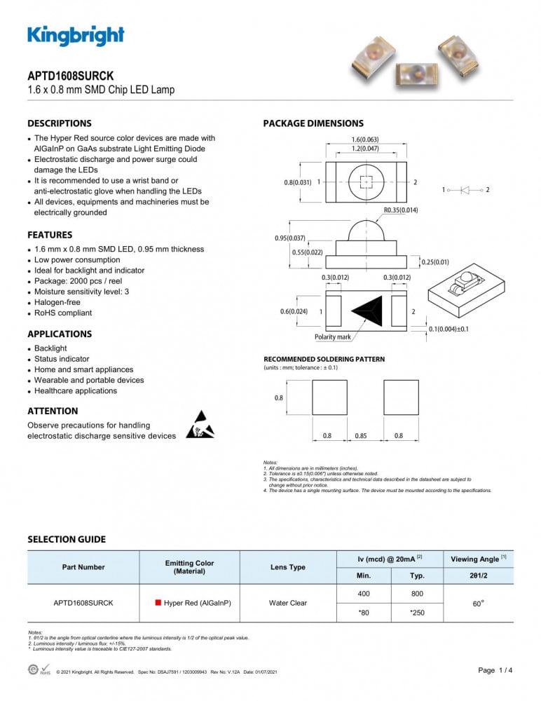 APTD1608SURCK datasheet page 1