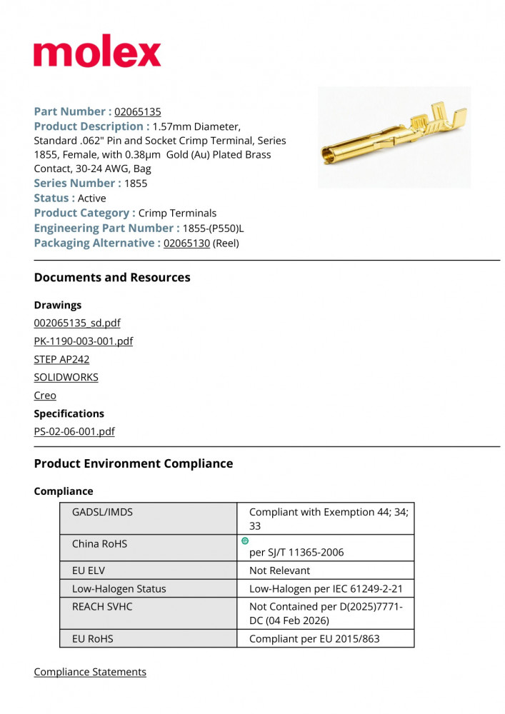 Technical document image 1 for MOLEX 02065135