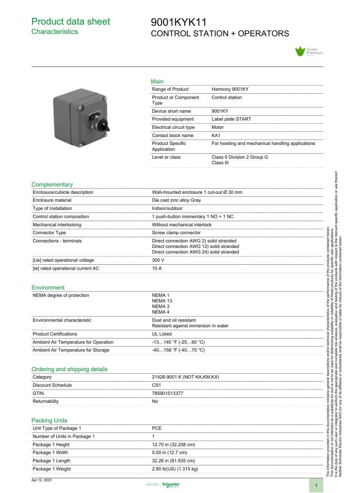9001KYK11 technical document page 1