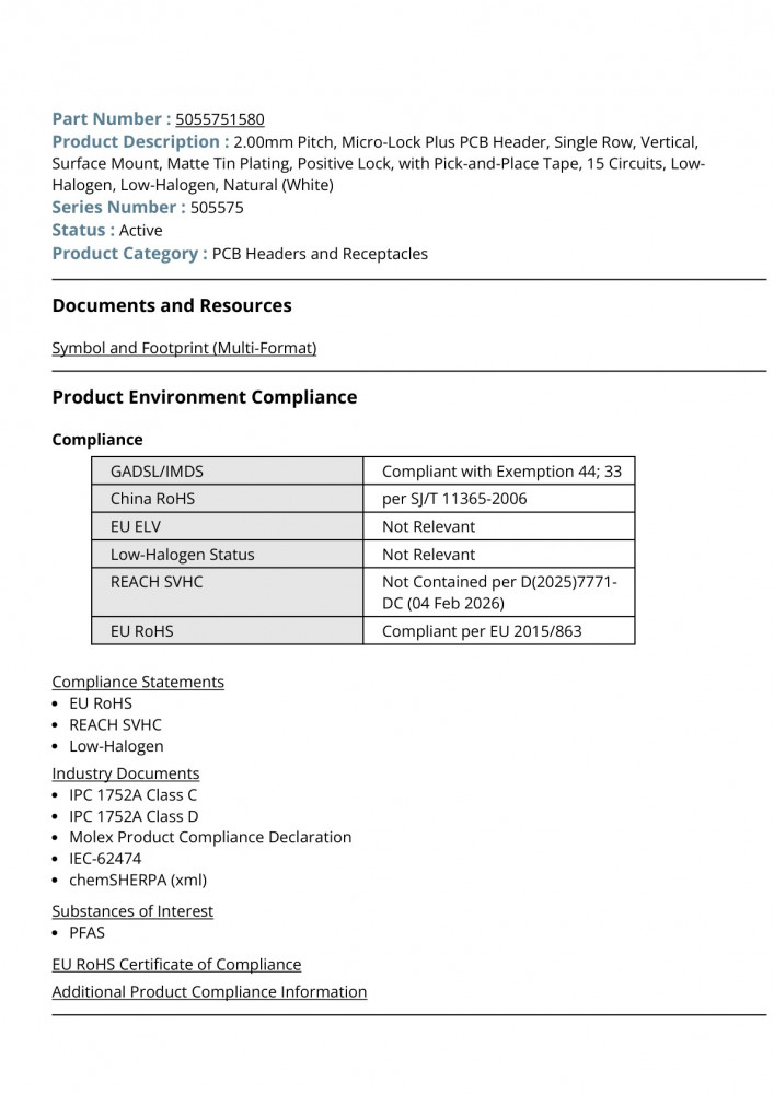 Product documentation image 1 for MOLEX 5055751580
