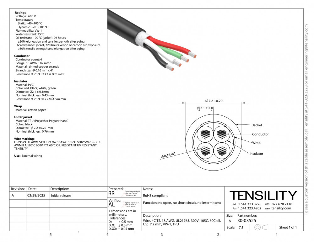 Technical drawing and specification sheet for Tensility International 30-03525