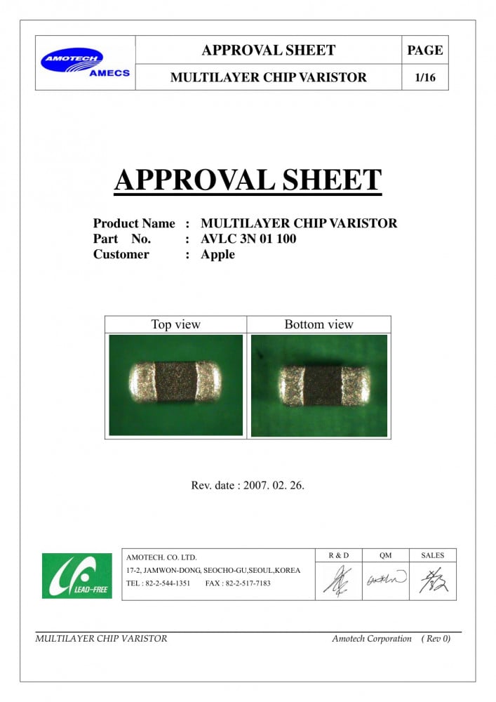 AVLC3N01100 approval sheet page 1